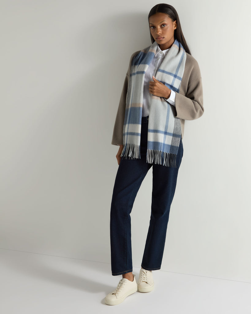 Unisex Cashmere Check Scarf Blue Grey Check | N.Peal