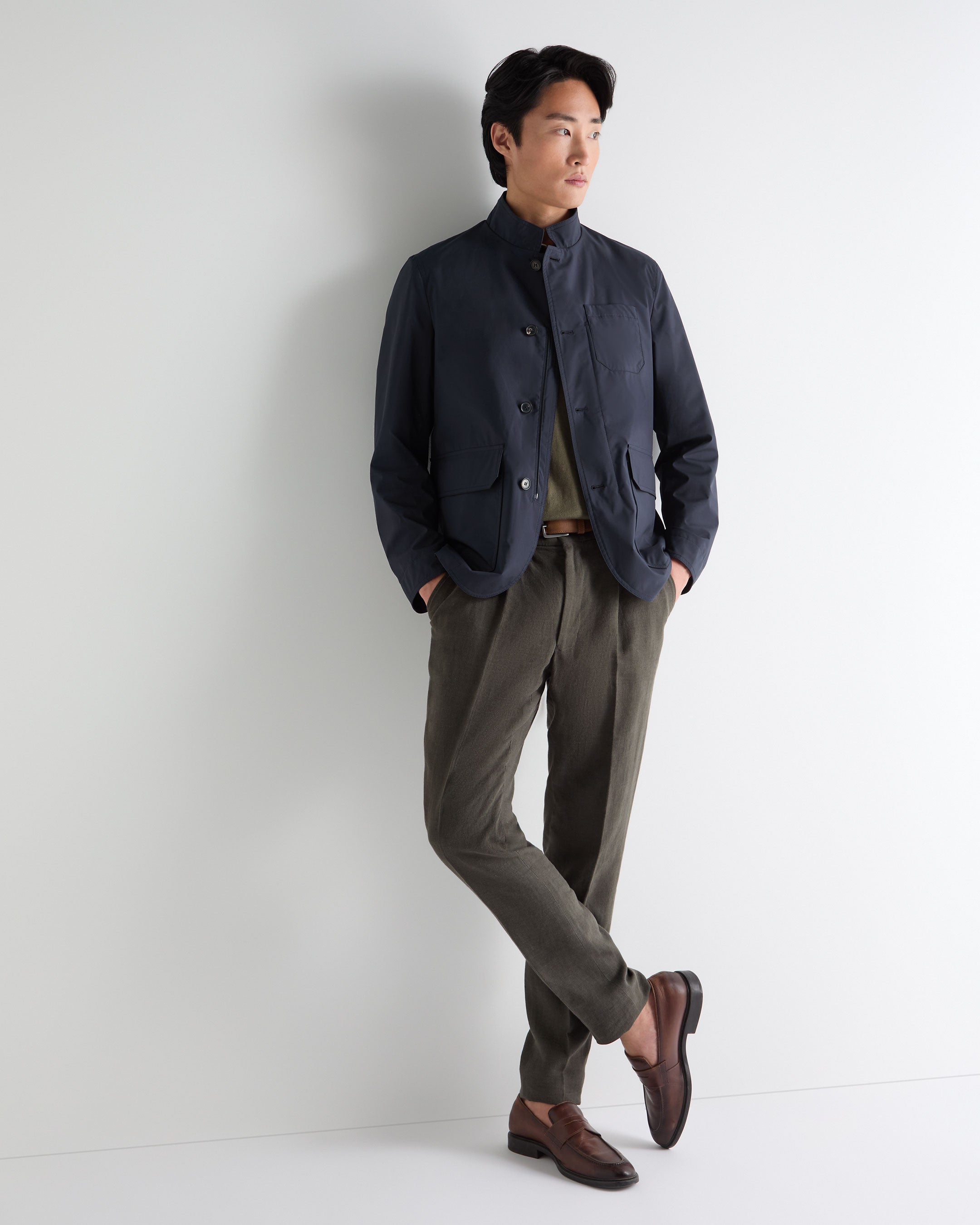 Men's Microfibre Stand Collar Jacket Navy Blue | N.Peal