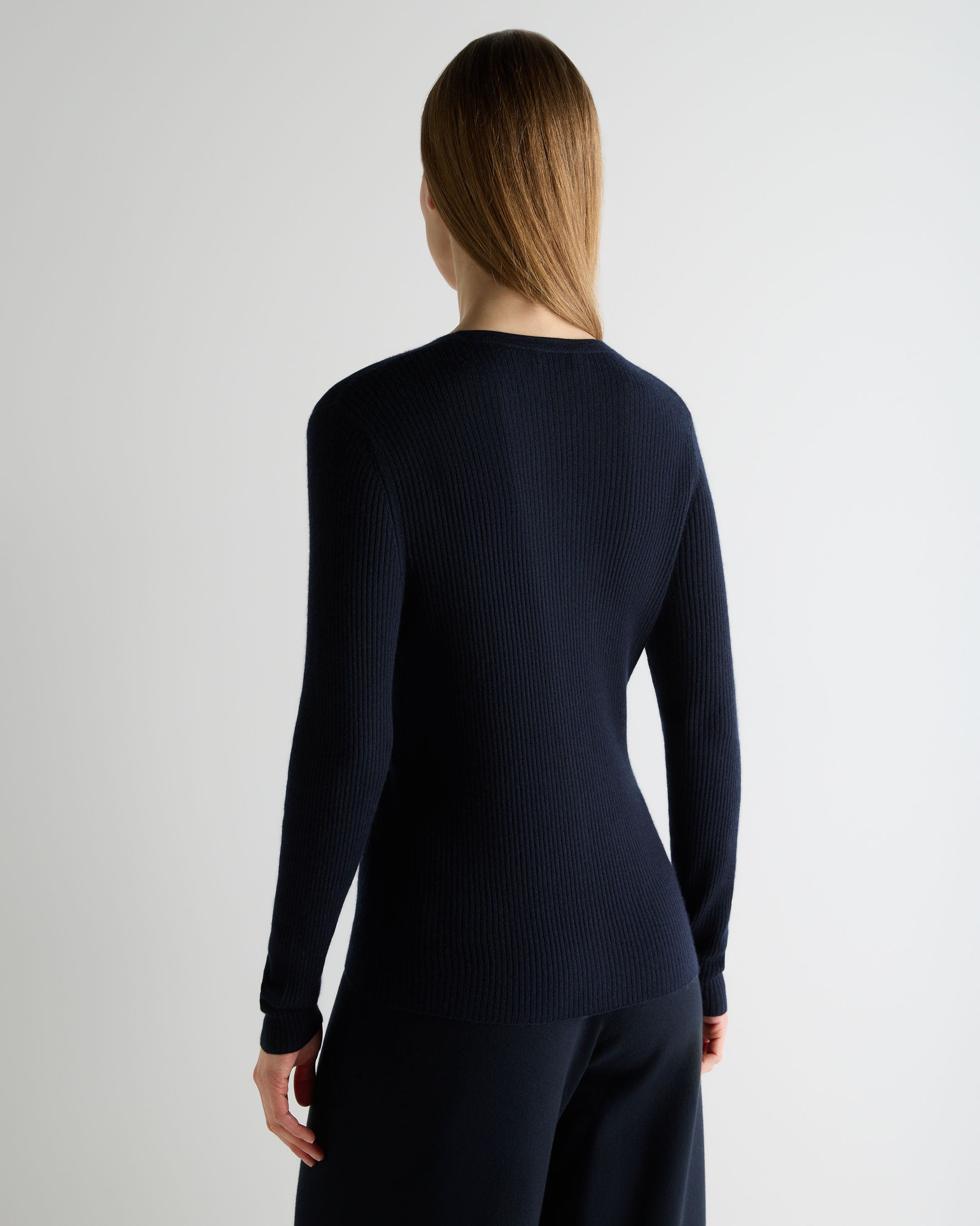 Women's Superfine Cashmere Ribbed V Cardigan Navy Blue | N.Peal